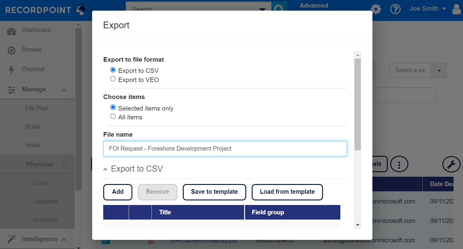 User Interface Enhancement: Bulk export titles – RecordPoint